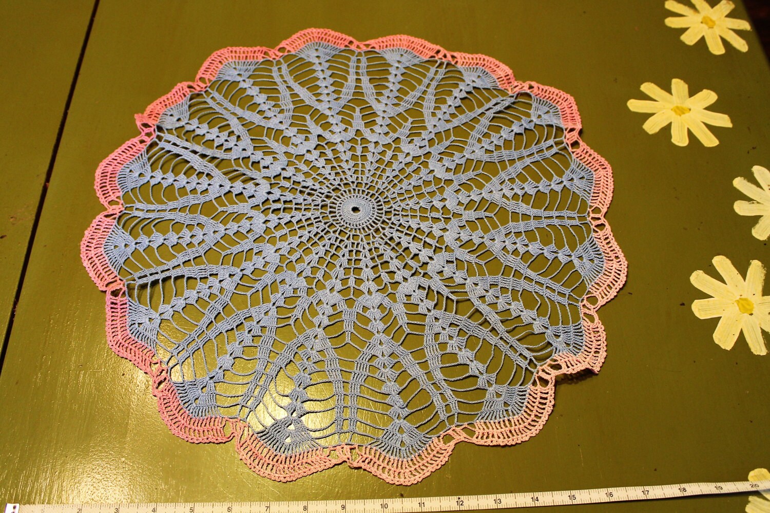 Large Round Blue Crocheted Doily With Pink Border | Etsy