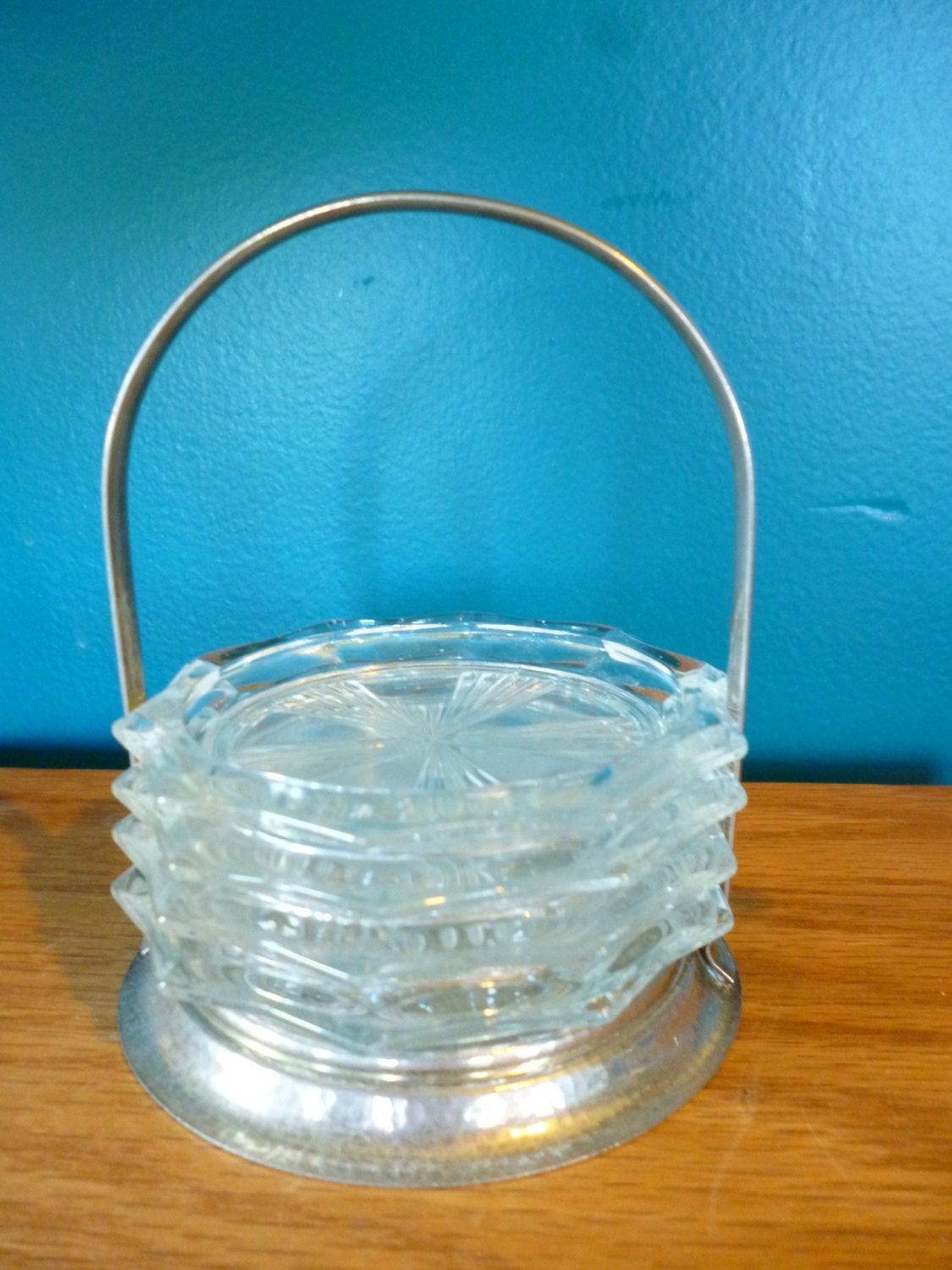 Set of 4 REIMS FRANCE Glass Windmill Coasters With Silverplate Holder ...