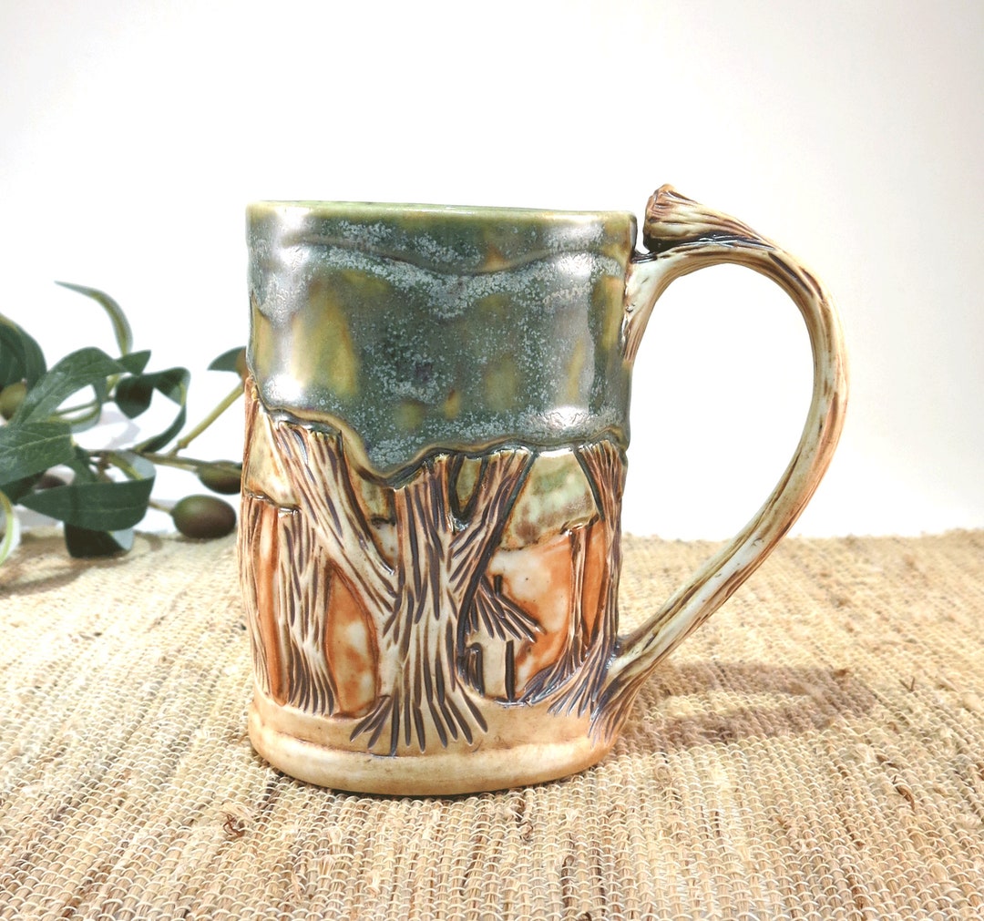 Unique Hand Carved Woodland Trees Pottery Mug, Handmade Large 14 Oz ...