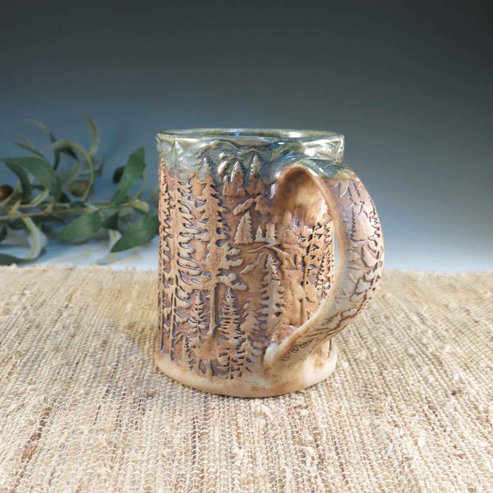 Handmade Ceramic Mug, Mountain Woodland Forest Design, Rustic Green ...