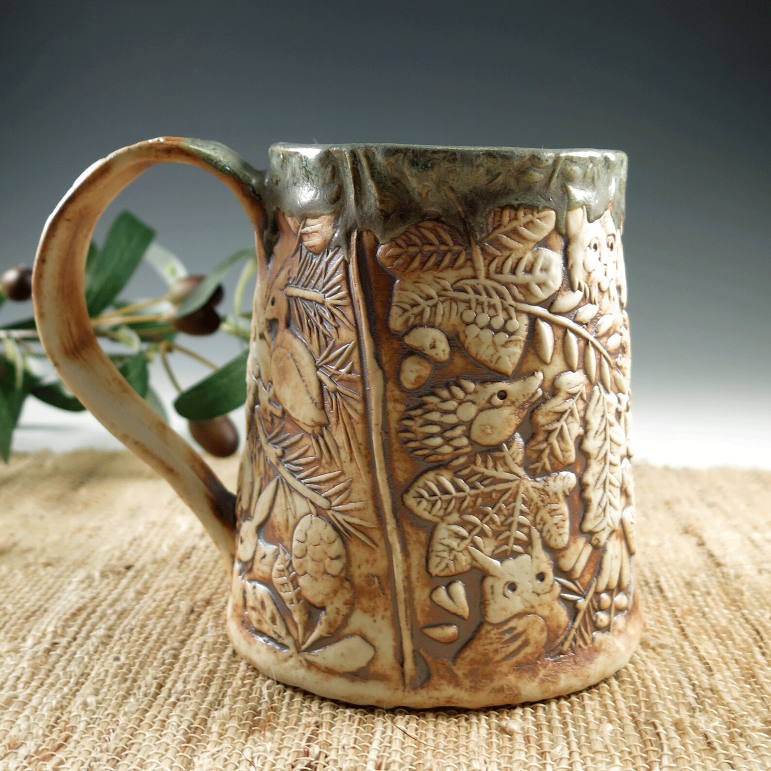 Handmade Pottery Mug With Woodland Animals Large With Natural - Etsy