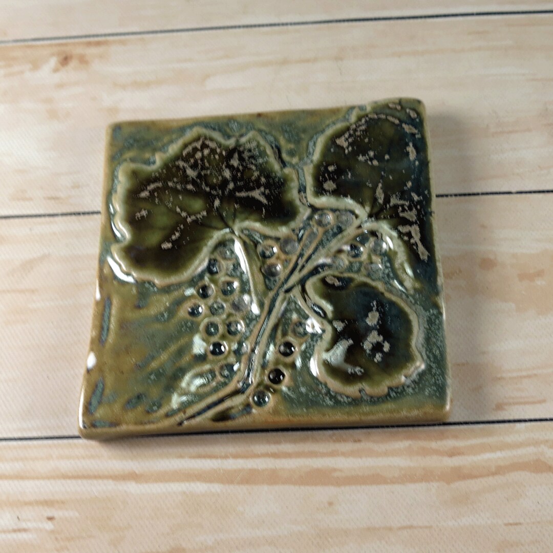 Ceramic Tile Wall Art, Grape Leaves Tile, Handmade Pottery, Botanical ...