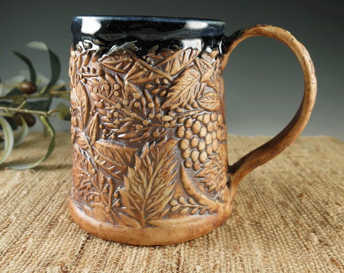 Handbuilt Porcelain Carved Mug, Rustic Brown and Blue Coffee or Tea Mug ...