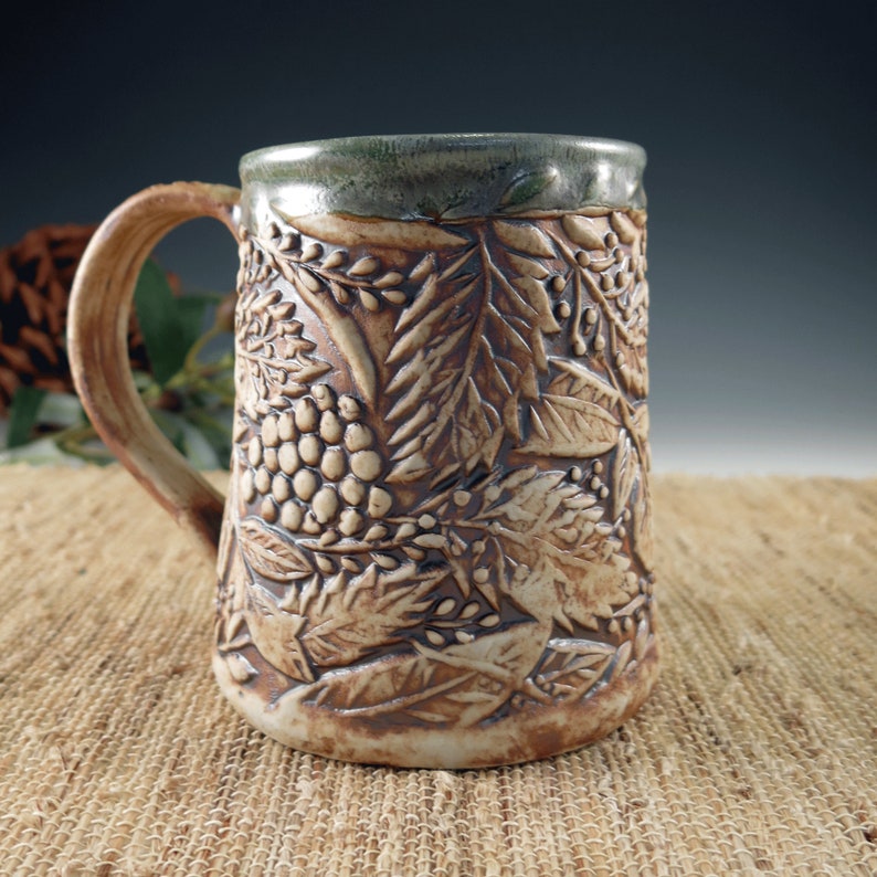 18 Oz Handmade Porcelain Mug. Rustic Green and Brown Botanical Cup With ...