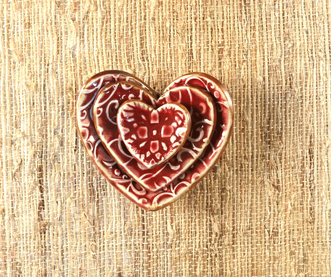 Heart Ring Dish Set, Handmade Scarlet Ruby Red Pottery Decorative ...