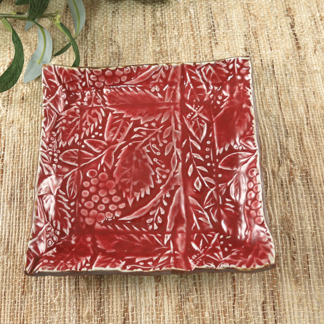 Red Pottery Plate With Nature Leaves and Berries, Porcelain Dish Spoon ...