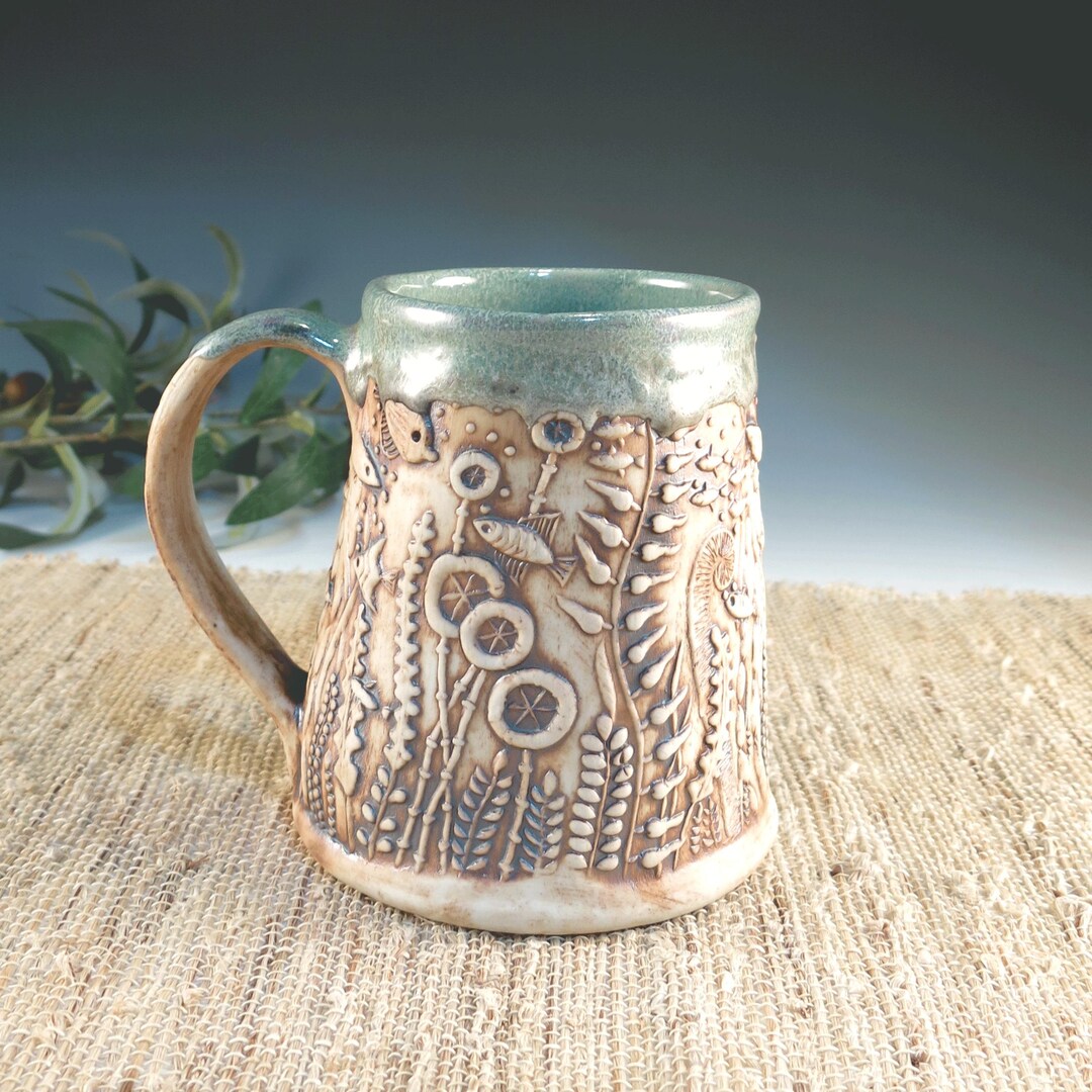 Handmade Porcelain Fish Mug, Hand Built Pottery 18 Oz Ocean Themed ...