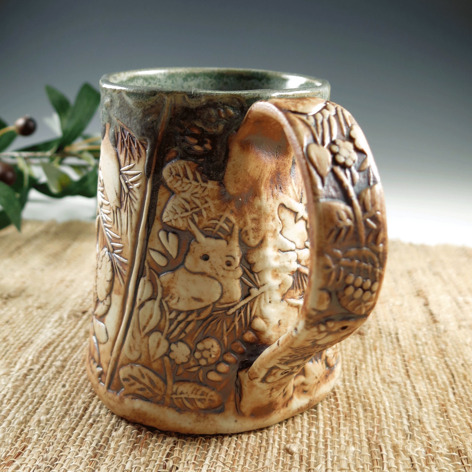 Handmade Pottery Mug With Woodland Animals Large With Natural - Etsy