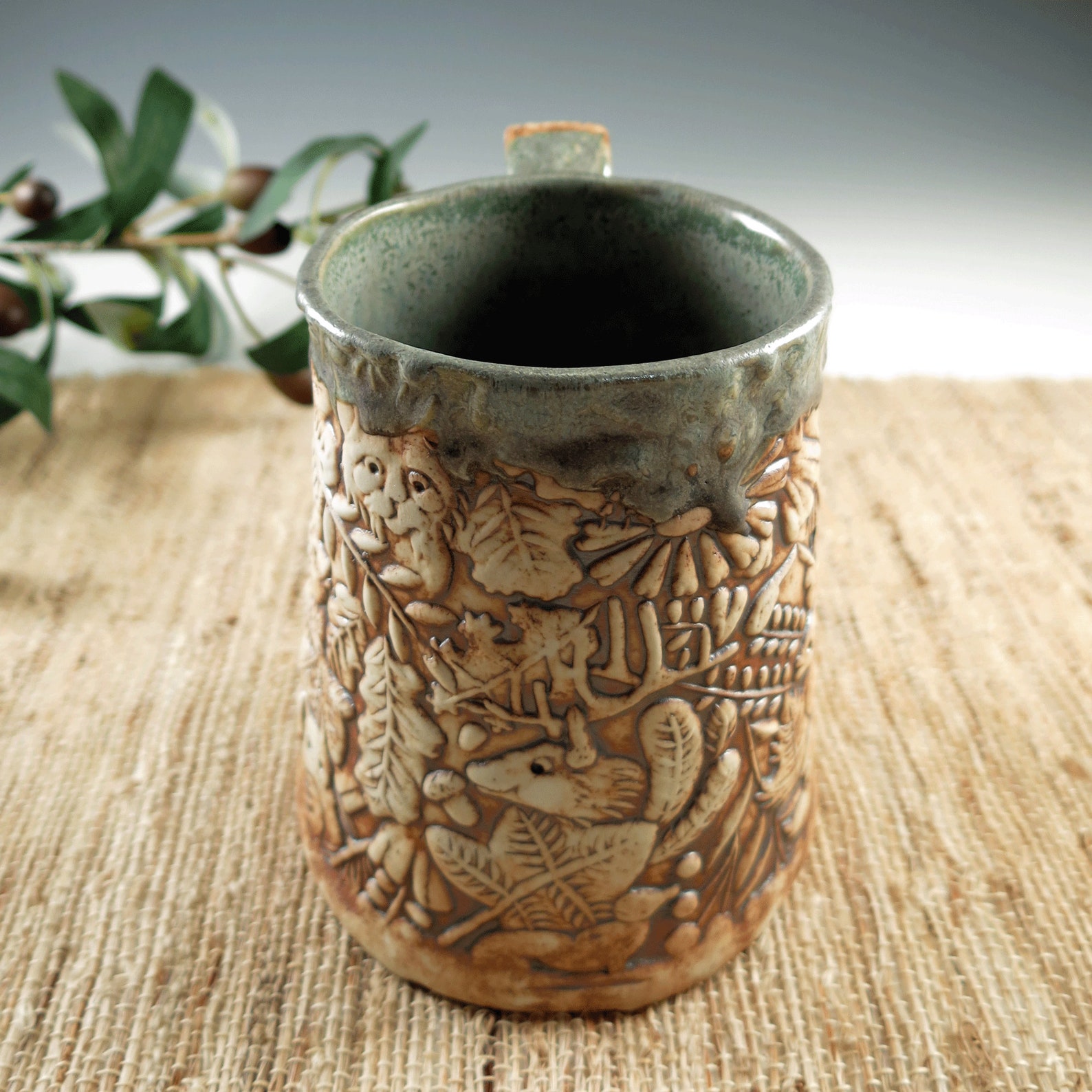 Handmade Pottery Mug With Woodland Animals Large With Natural - Etsy