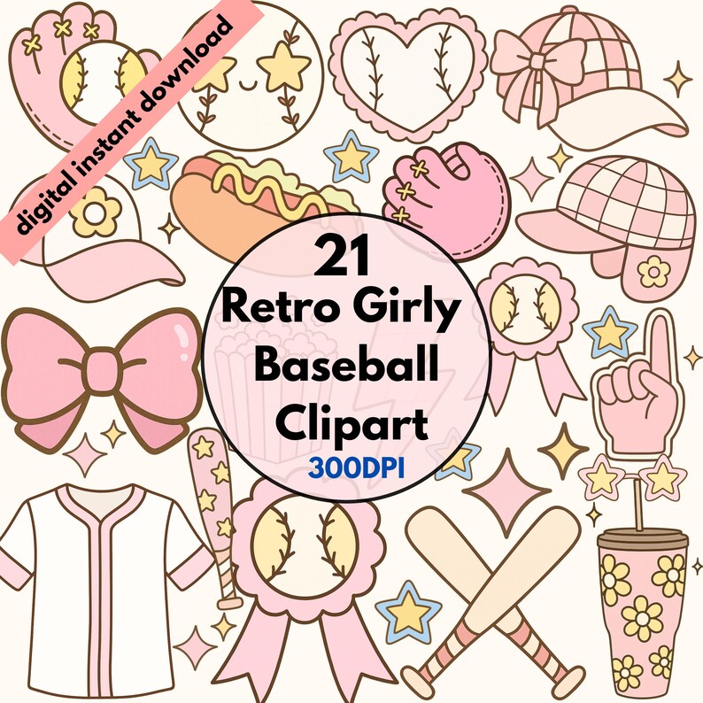 Retro Girly Baseball Clipart PNG Bundle, Cute Baseball Sublimation ...