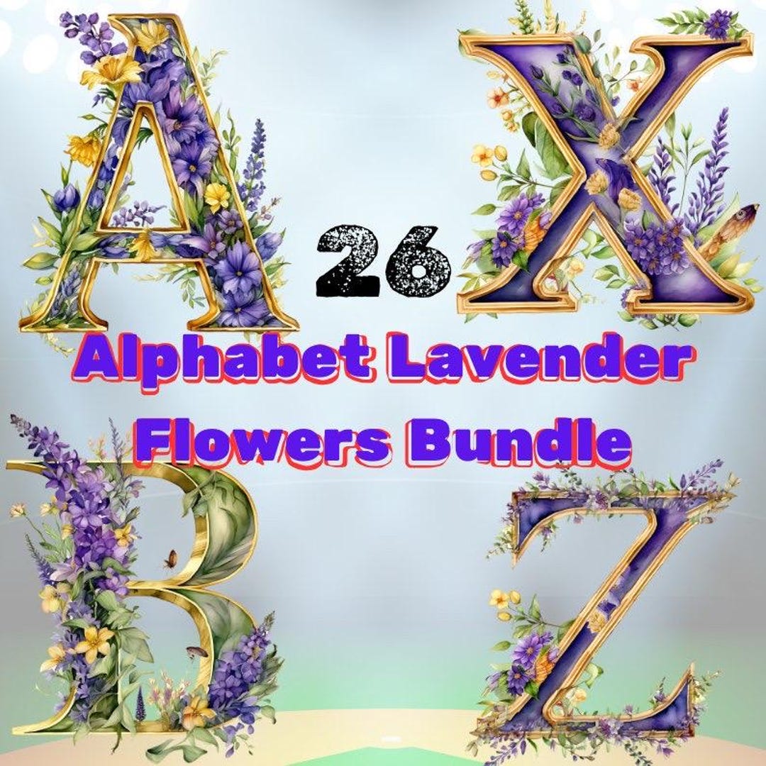 Alphabet Lavender Flowers Bundle, Floral Letters Decorative, Watercolor ...