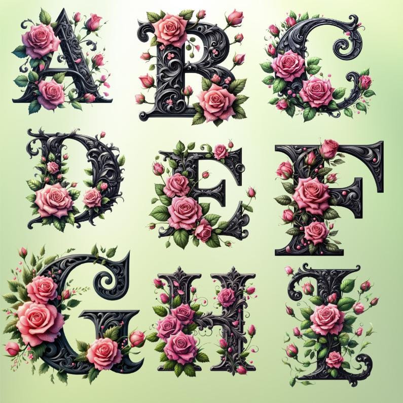 42 Gothic Rose Alphabet Sublimation Bundle , Dark Floral PNG Letters ...