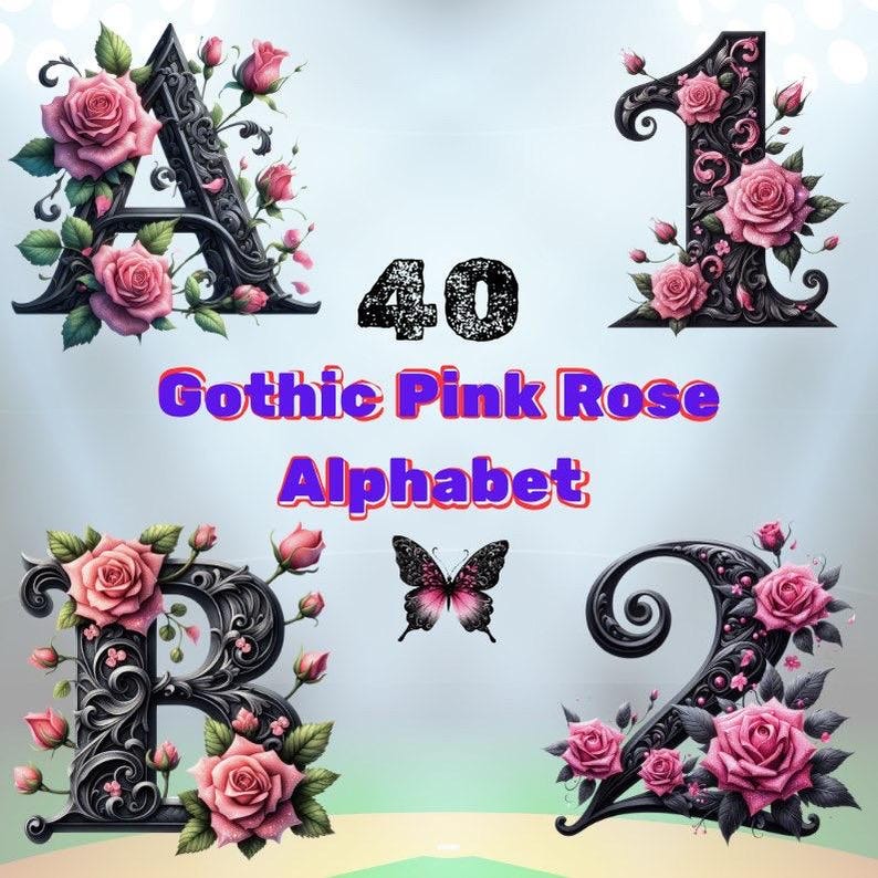 42 Gothic Rose Alphabet Sublimation Bundle , Dark Floral PNG Letters ...