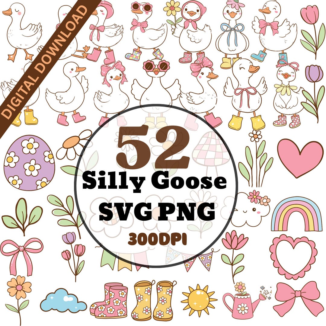 Groovy Goose Clipart Bundle SVG PNG , Silly Goose With Flowers, Hippie ...