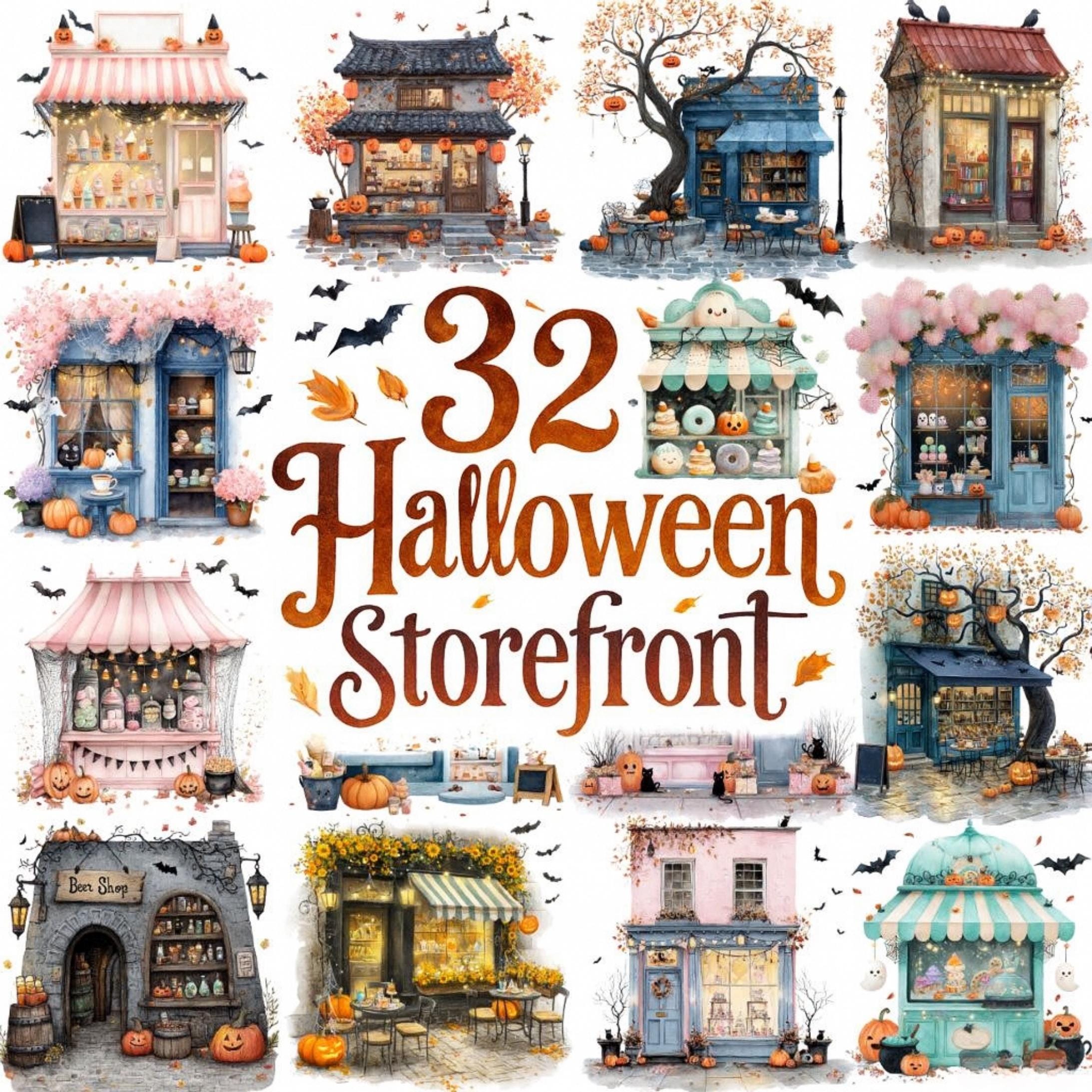 32 Halloween Storefront Clipart Bundle, Cozy Autumn Shop Illustrations ...