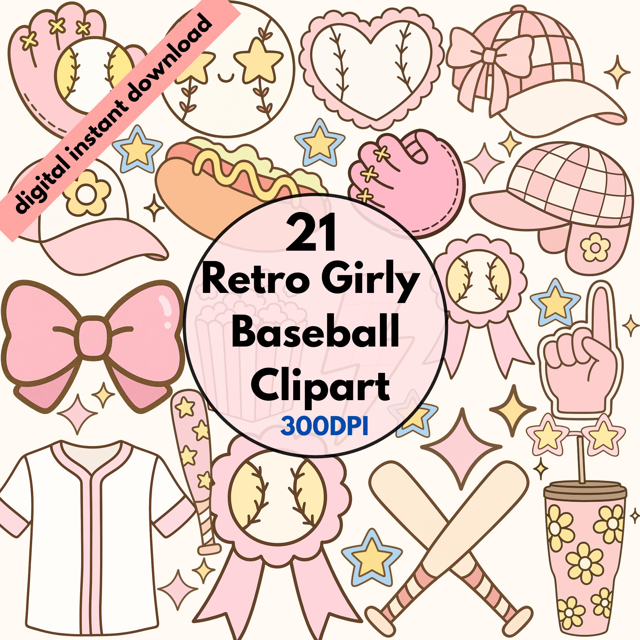 Retro Girly Baseball Clipart PNG Bundle, Cute Baseball Sublimation ...