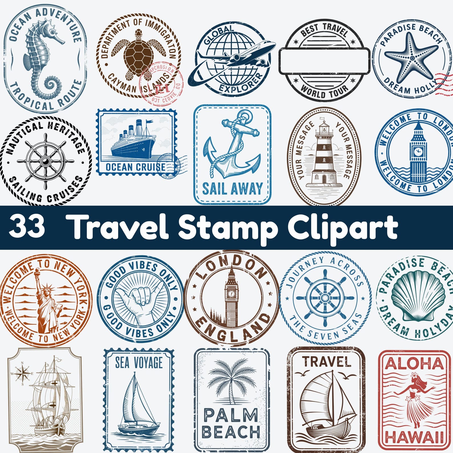 Travel Stamps Clipart Digital Collection - Etsy