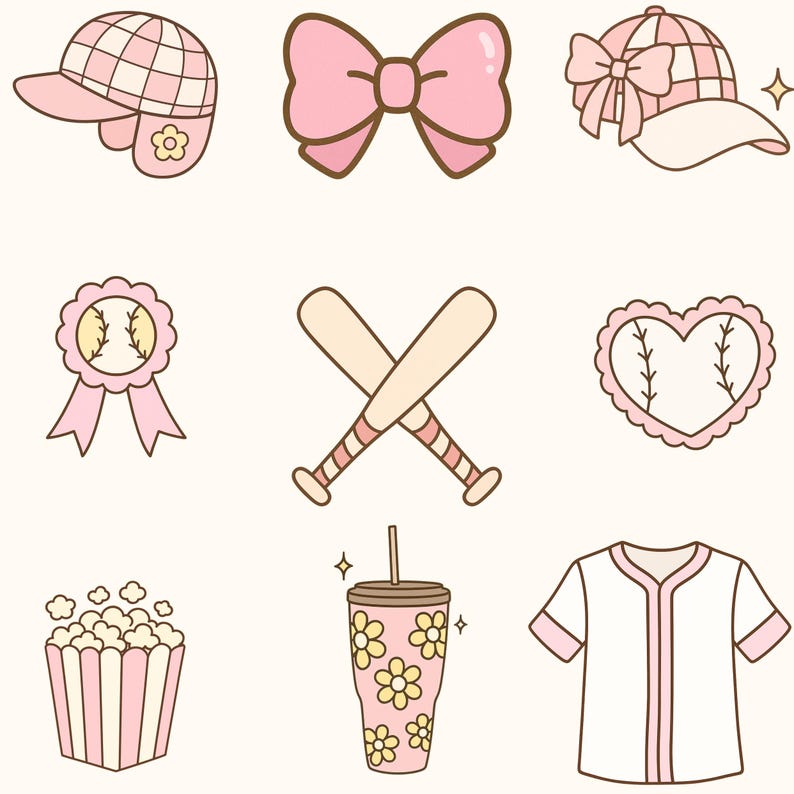 Retro Girly Baseball Clipart PNG Bundle, Cute Baseball Sublimation ...