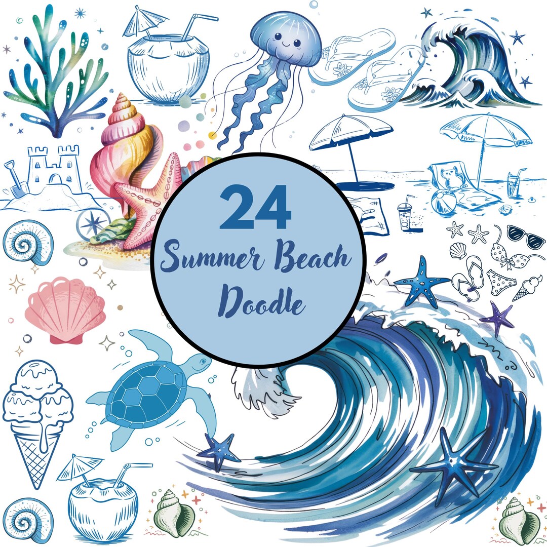24 Summer Beach Doodle Clipart Bundle - Ocean Vacation Graphics PNG - Etsy