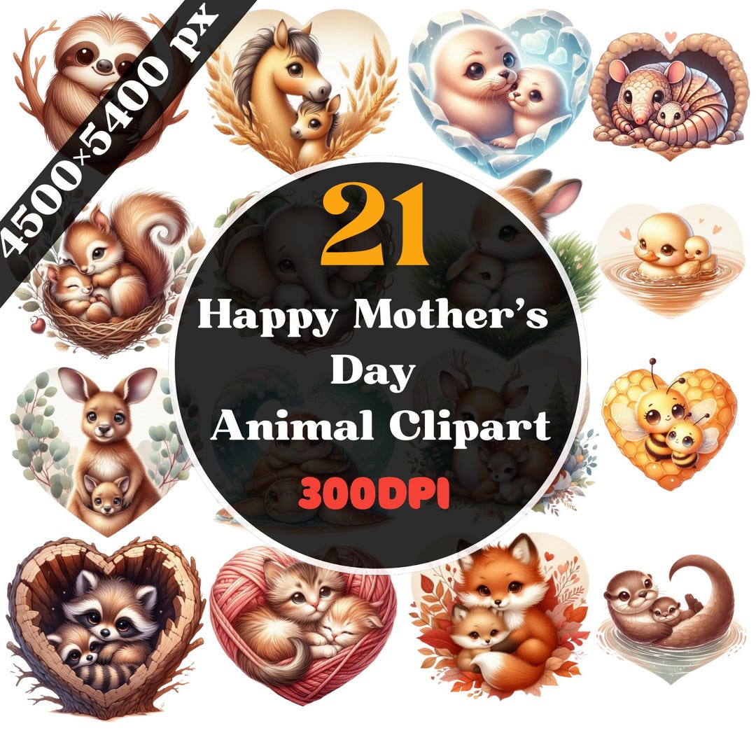 Happy Mother's Day Animal Clipart | Cute Mom & Baby Animals PNG ...