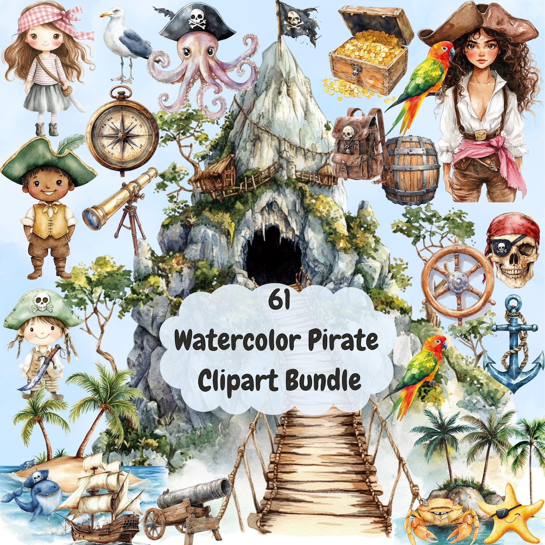 Watercolor Pirate Clipart PNG Bundle , Cute Pirate Boys, Ships, Maps ...