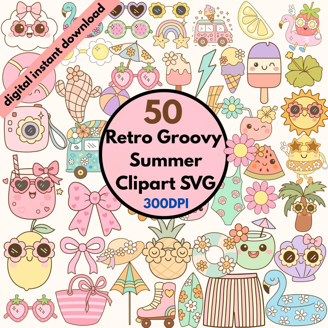 Retro Summer Clipart SVG Bundle: 70s Hippie PNG Graphics (digital ...