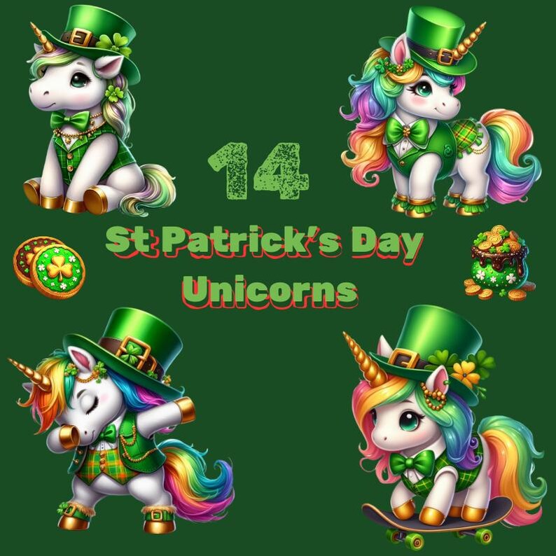St Patrick's Day Unicorns , Lucky Clover Unicorn Clipart , Digital ...