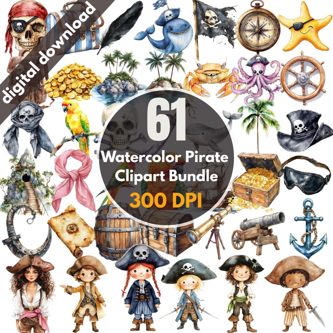 Watercolor Pirate Clipart Bundle – Cute Pirate Sublimation Graphics ...