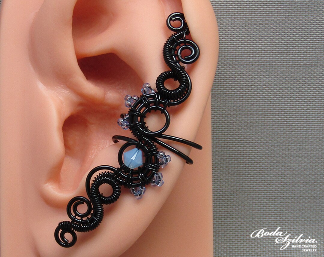 Black Wire Ear Cuff: Pale Blue Crystal, No Piercing Gothic Ear Wrap - Etsy