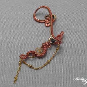 Crystal Steampunk Ear Wrap With Chain, No Piercing Steampunk Ear Cuff in Raw Copper and Brass ...
