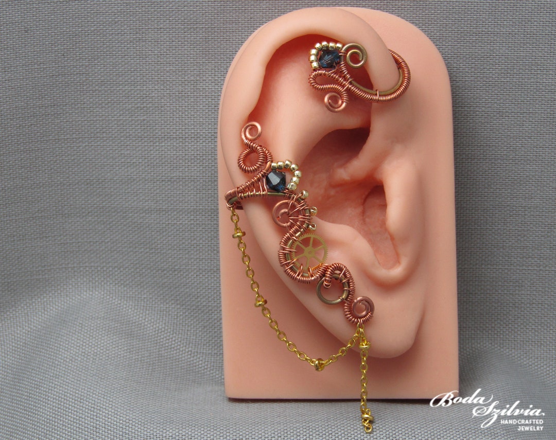 Crystal Steampunk Ear Wrap With Chain, No Piercing Steampunk Ear Cuff in Raw Copper and Brass ...