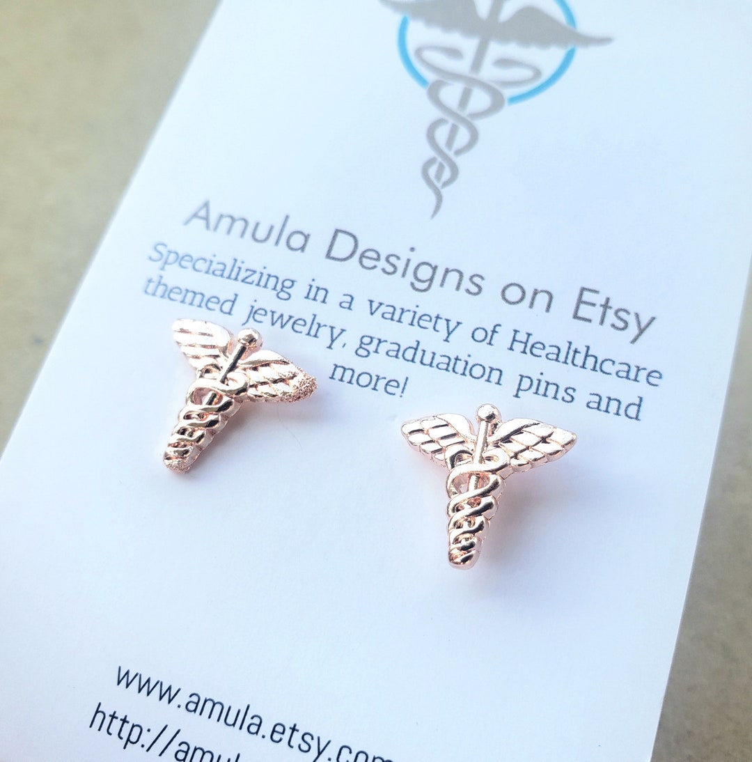 Caduceus Silver Stud Earrings - Caduceus Rose Gold Earrings - Medical ...