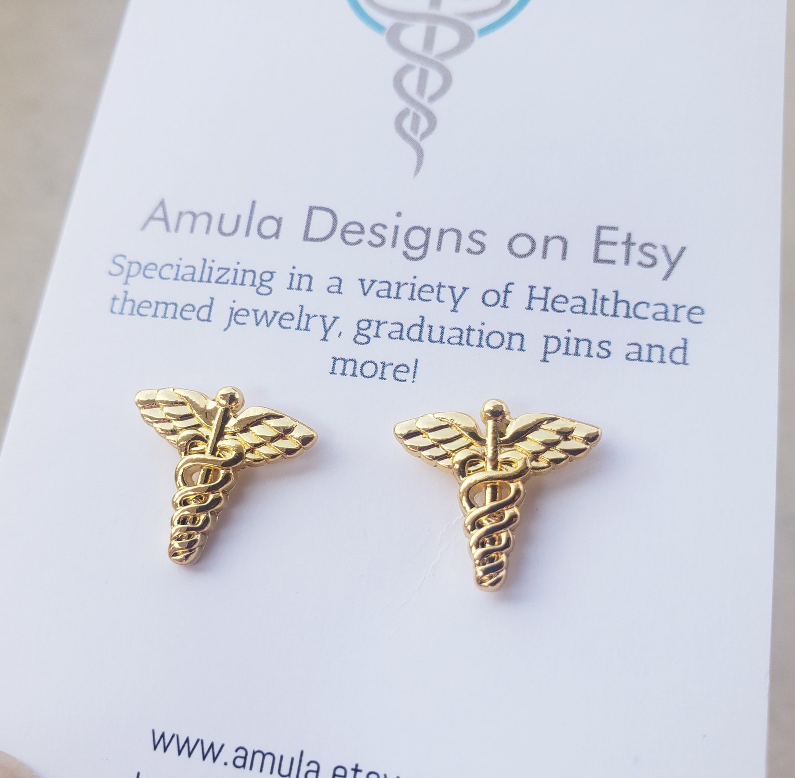 Caduceus Silver Stud Earrings Caduceus Rose Gold Earrings - Etsy