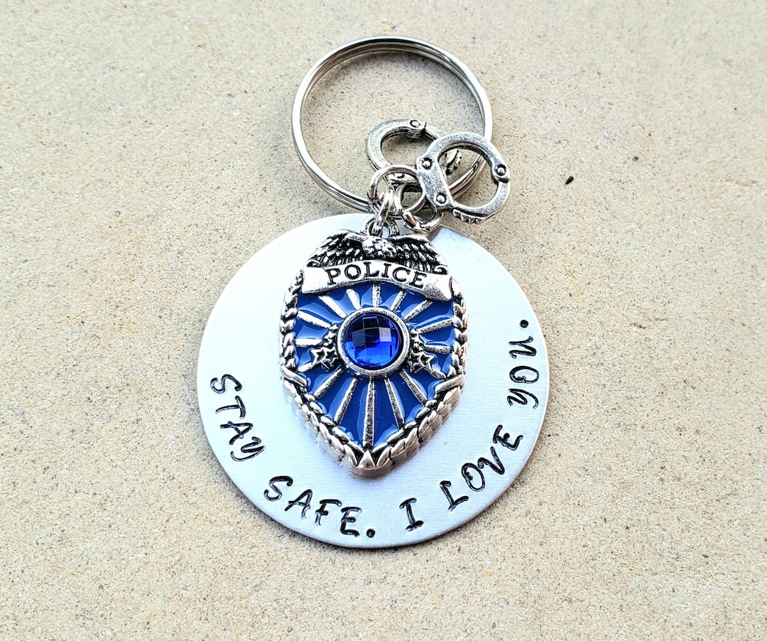 Police Handstamped Keychain Police Key Ring Fob Handcuff and Blue Badge ...