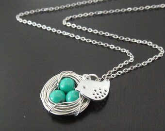Blue Robins Detailed Egg Bird Nest Necklace | Etsy