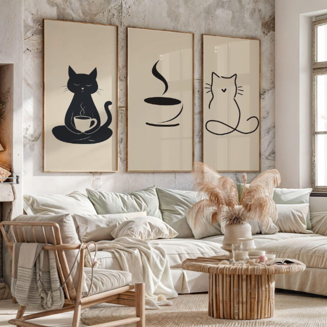 Cat & Coffee Wall Art Set | Cute Printable Kitchen Decor | 3-piece ...