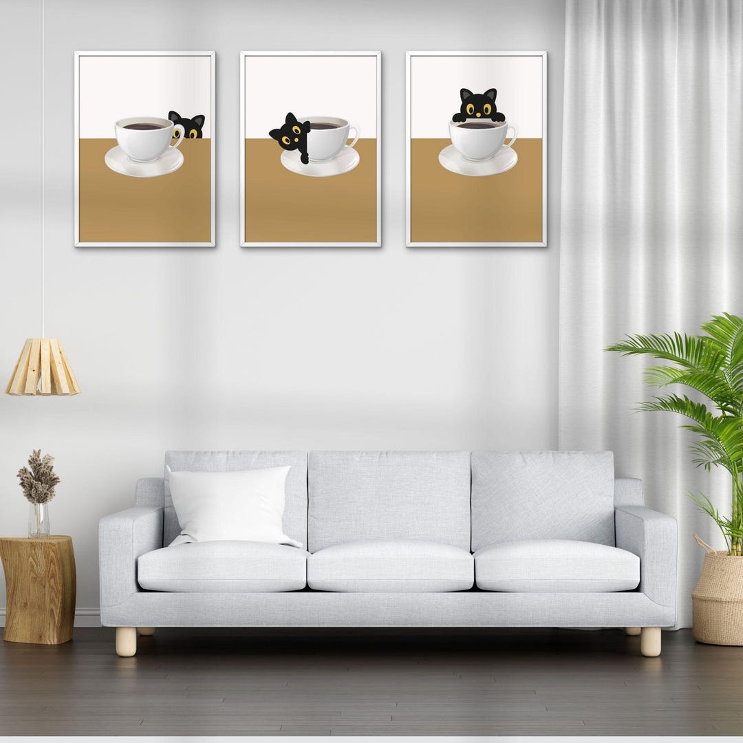 Whimsical Black Cat & Coffee Art Set: Cute Digital Wall Decor for ...