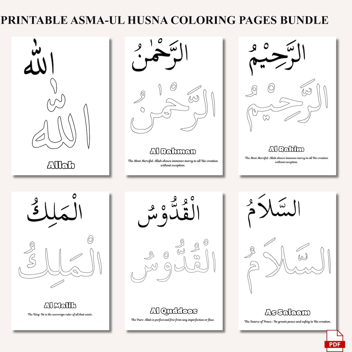 100 Asmaul Husna Coloring Pages PDF – 99 Names of Allah Printable ...
