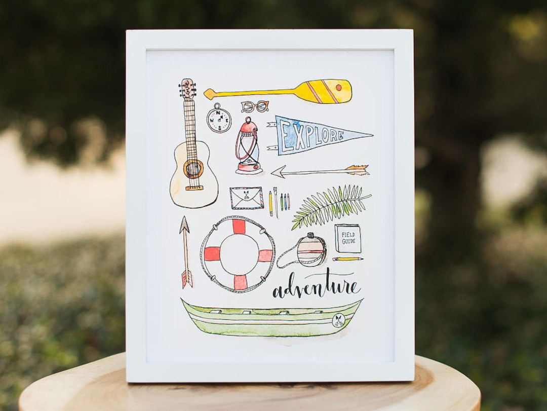 Art Print - Adventure Camping Print // Explore // Canoe // Guitar ...