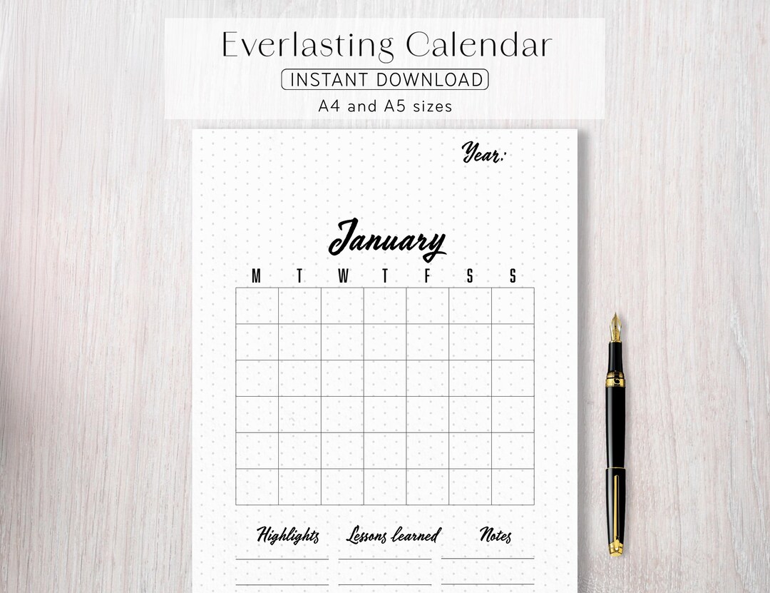Printable Everlasting Calendar, Minimalist Calendar Vertical, Elegant ...