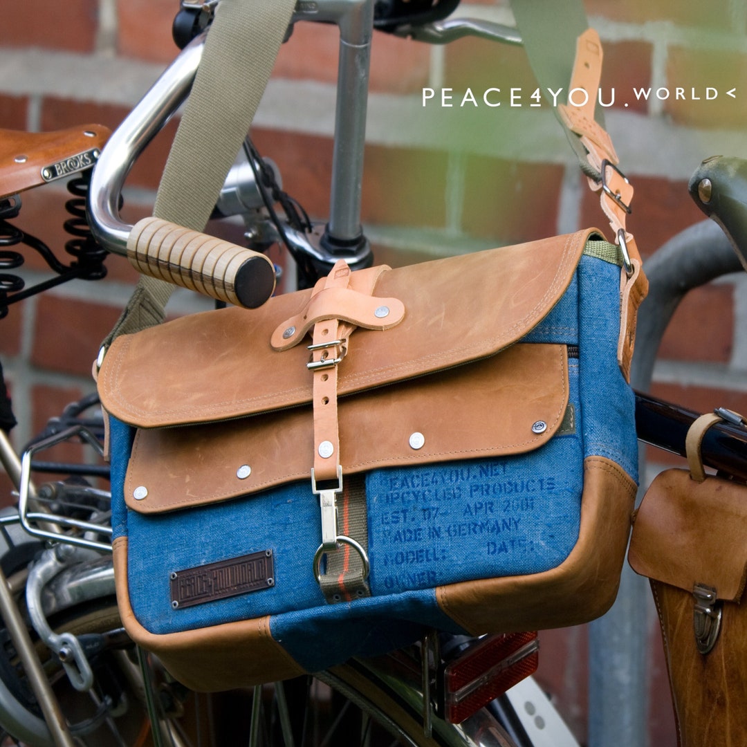 Handmade Light Blue Canvas Leather Messenger Bag: Upcycled Military ...