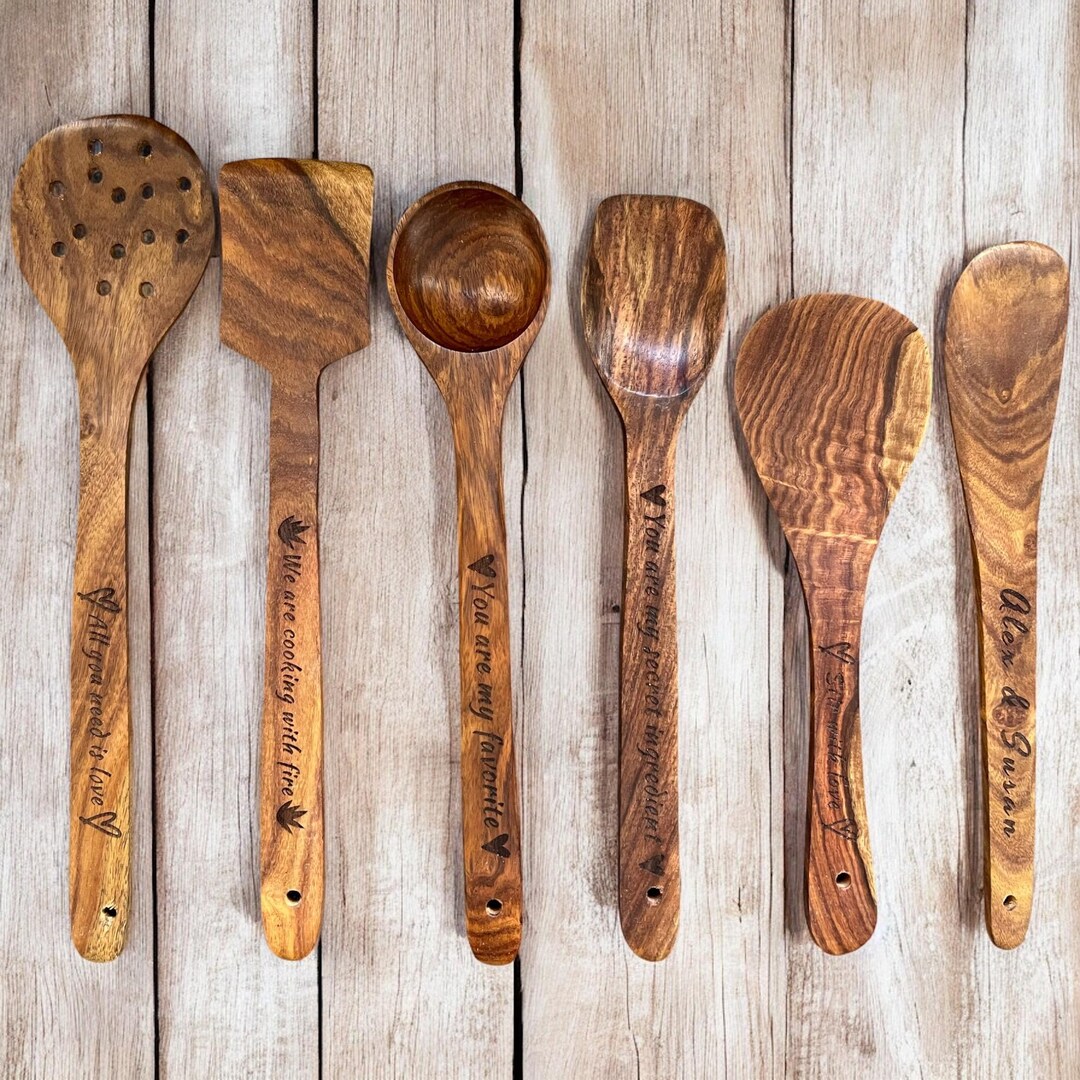 Personalized Wooden Utensil Set 6 Piece Eco-friendly Walnut Cooking ...