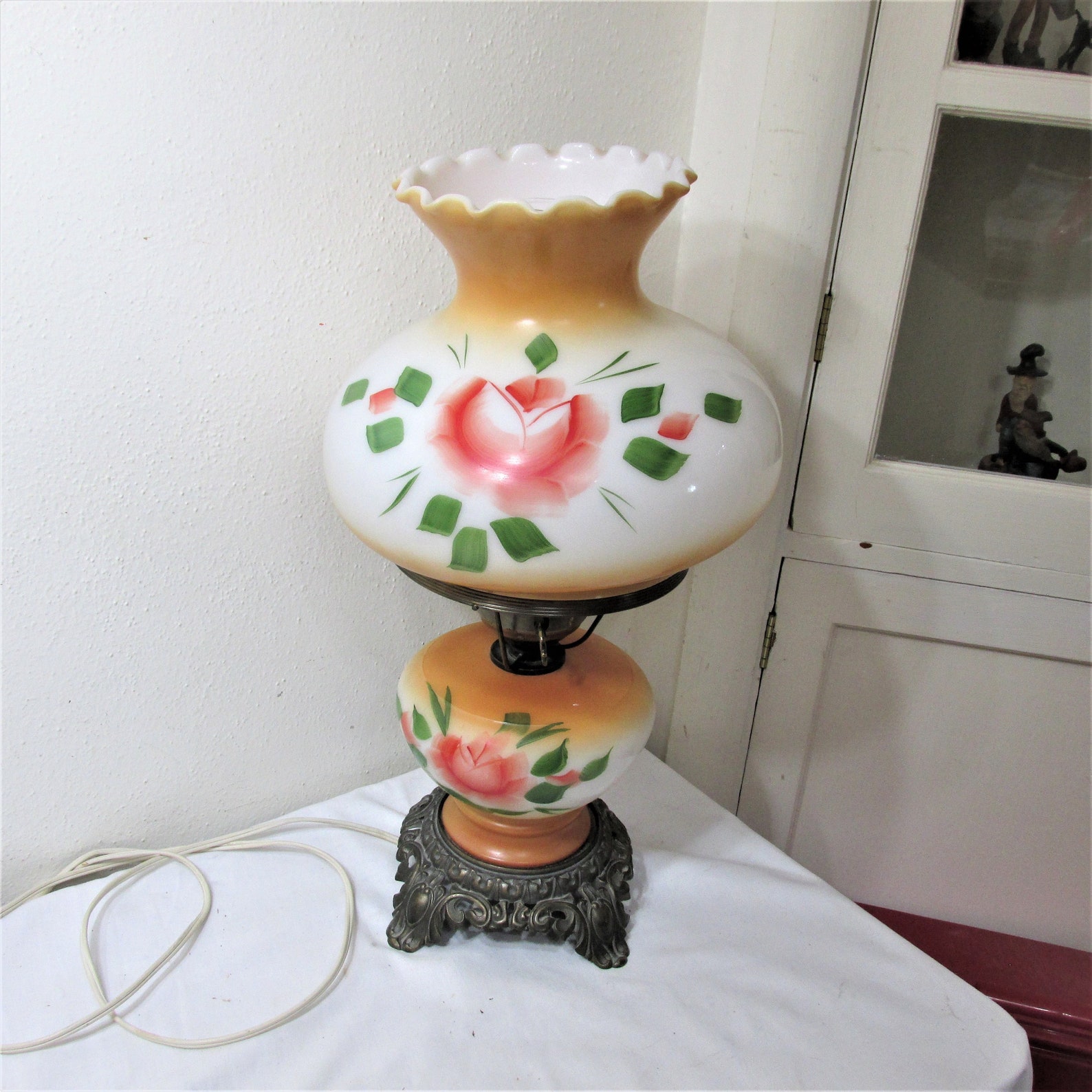 Milk Glass Lamp Vintage Gold With Hand Painted Flower Design and an ...