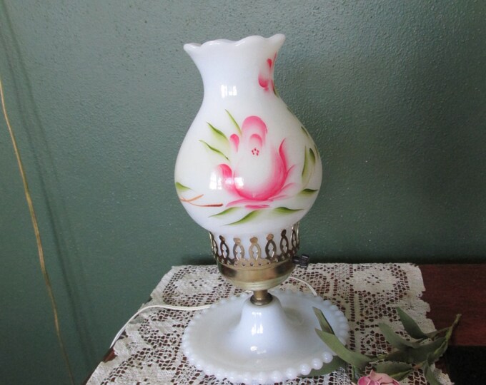 Milk Glass Lamp With Hand Painted Flowers on Hurricane Shade - Etsy