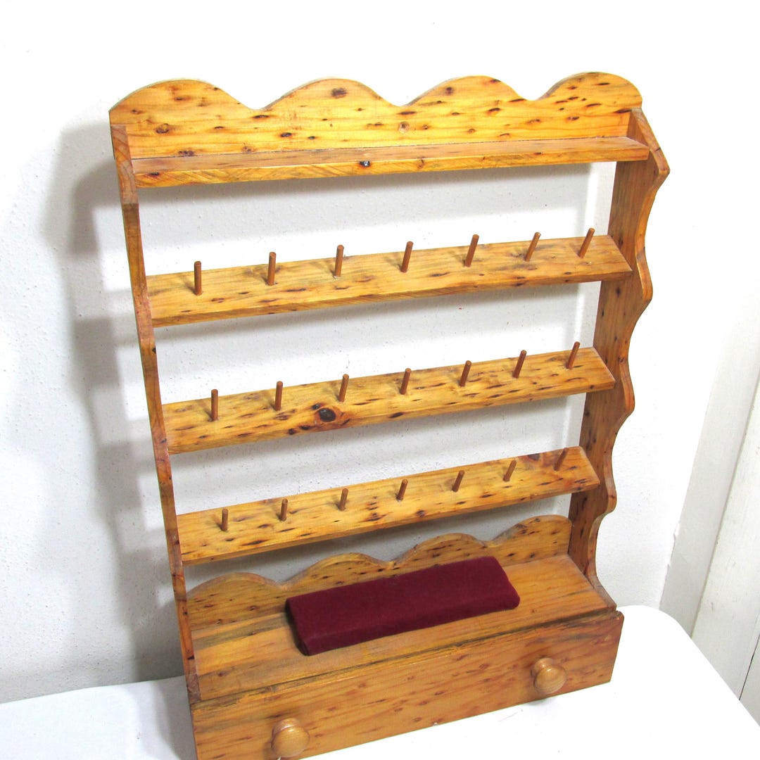 Wood Thread Holder Vintage Spool Organizer With Drawer and Pincushion ...
