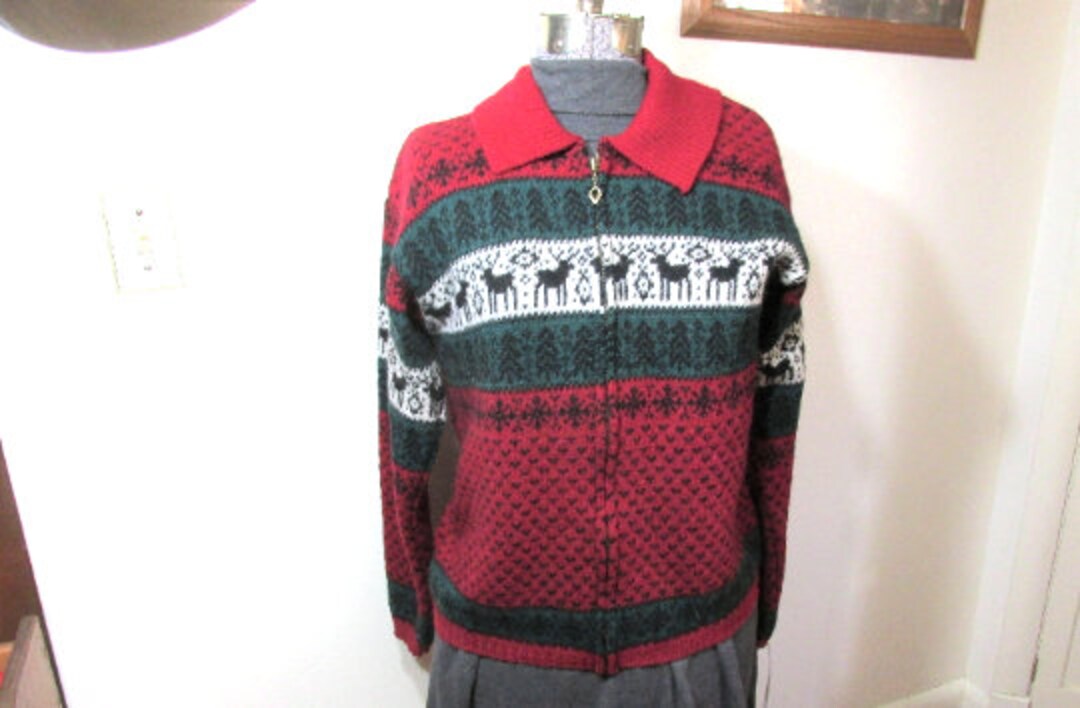 Warm Alps Sweater With Collar and Zippered Front Snowflakes Trees ...