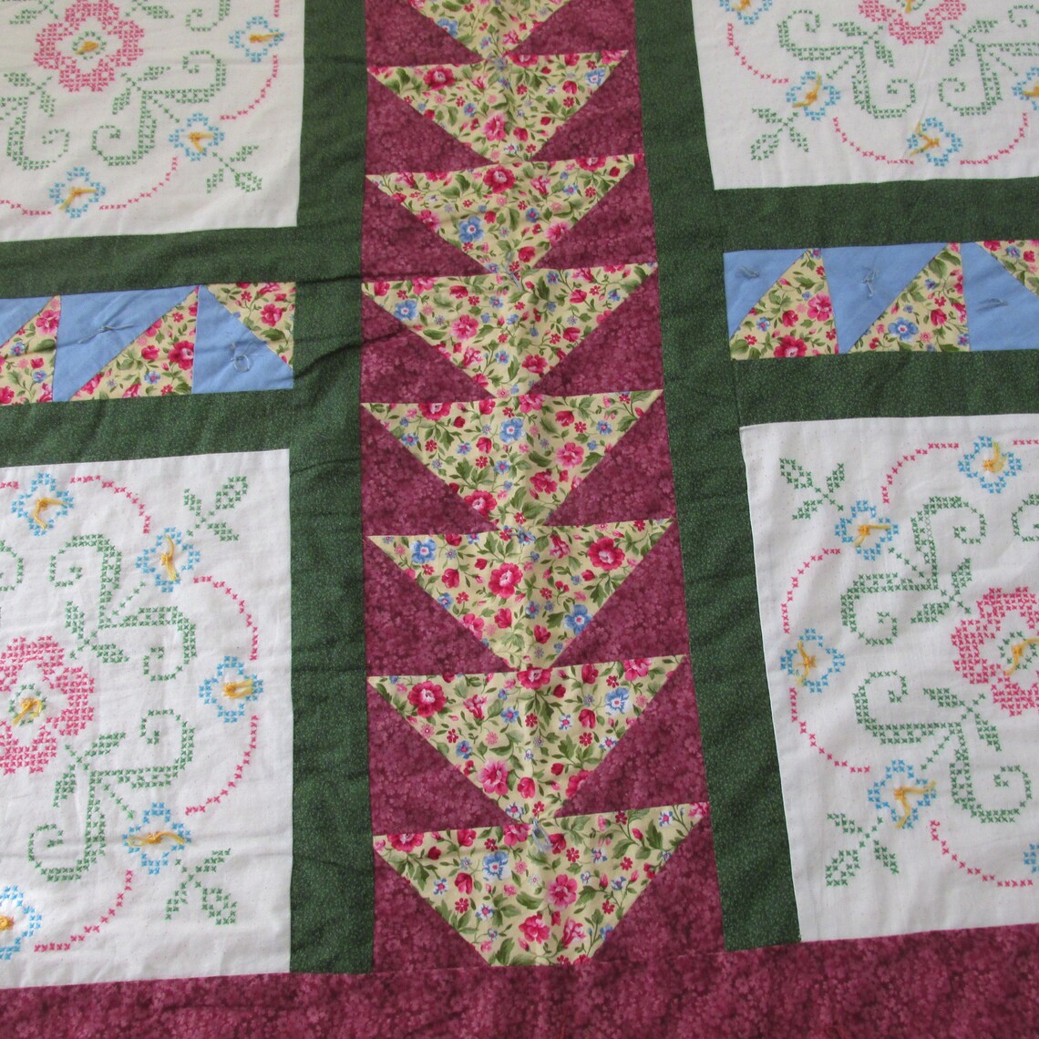 Quilt Hand Pieced Embroidery and Tied Vintage Queen Size 88 X - Etsy