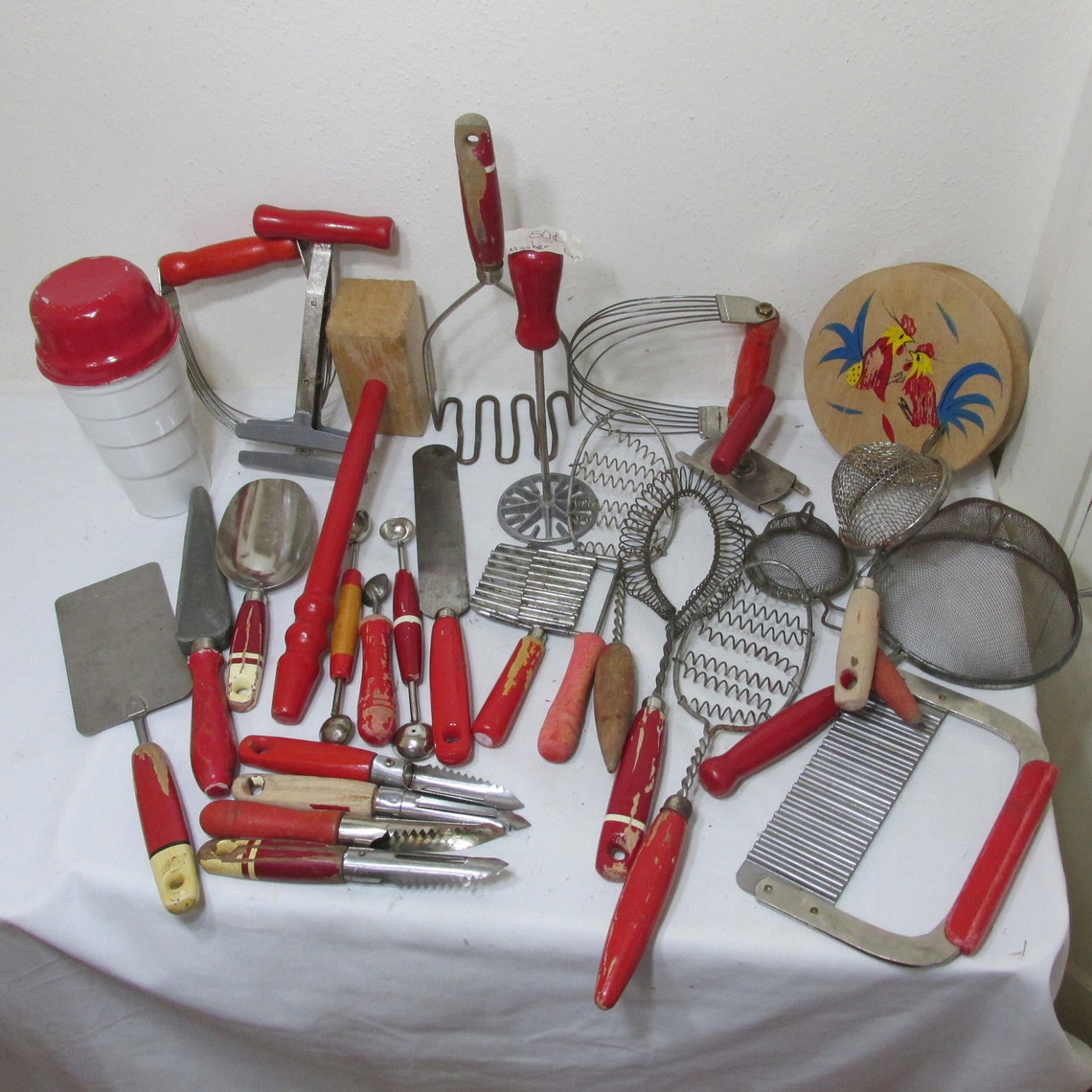 Kitchen Utensils Red Wood Handle Choice of Vintage Tools - Etsy
