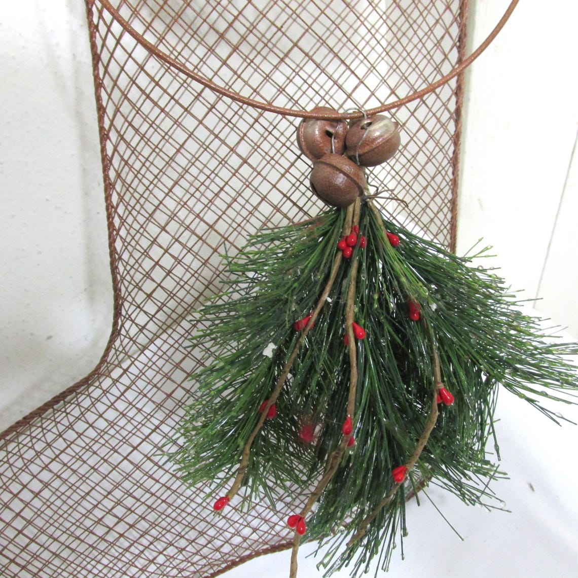 Wire Mesh Christmas Stocking Vintage Faux Pine Bough and Berries - Etsy