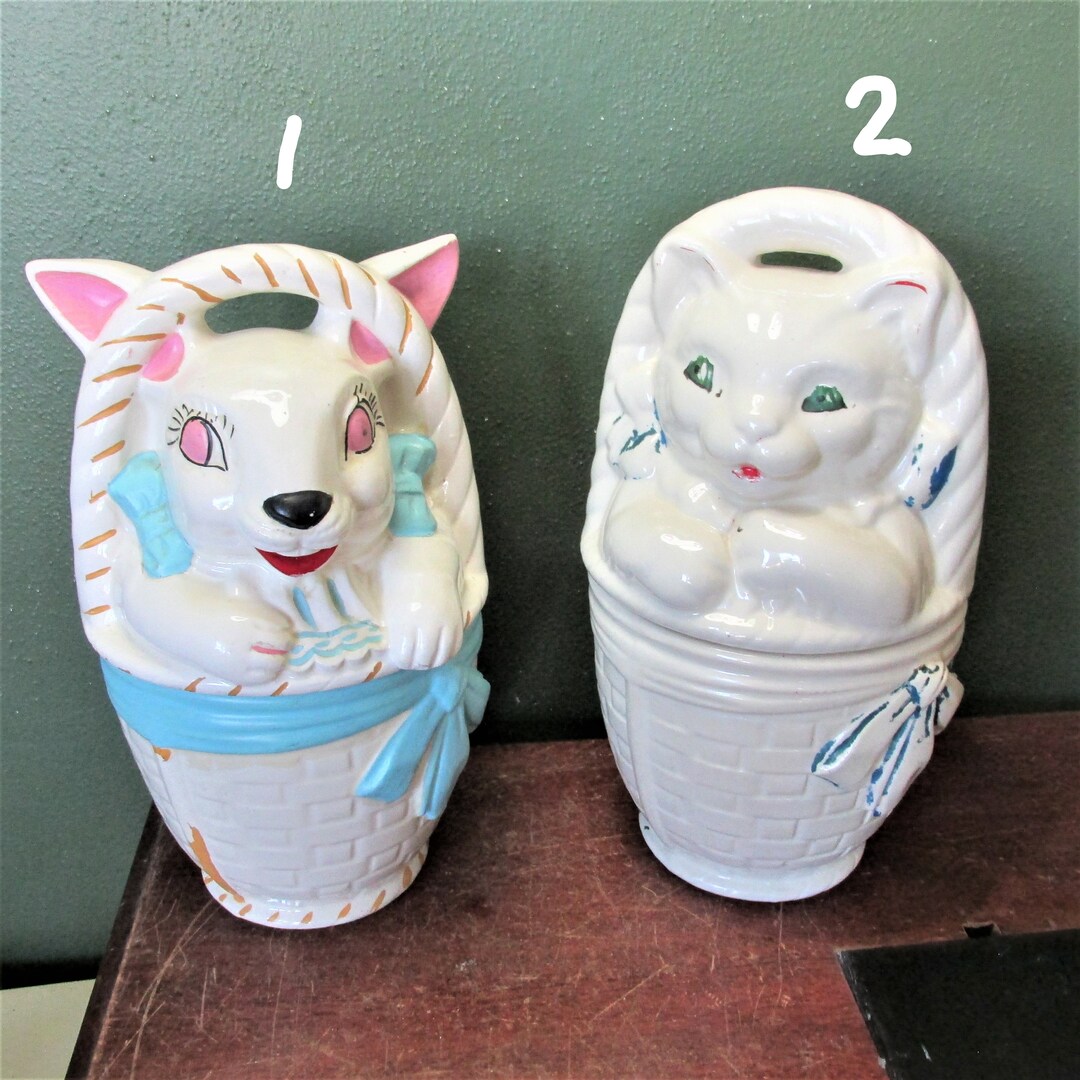 Pottery Cookie Jars Vintage Choice Bunny Rabbit or Kitty Cat in Basket ...